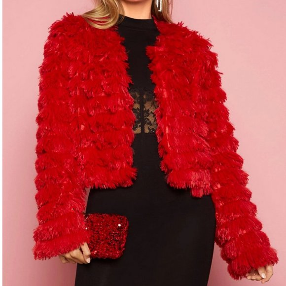 MODA ME COUTURE | Jackets & Coats | Red Fuzzy Open Front Coat Chic ...
